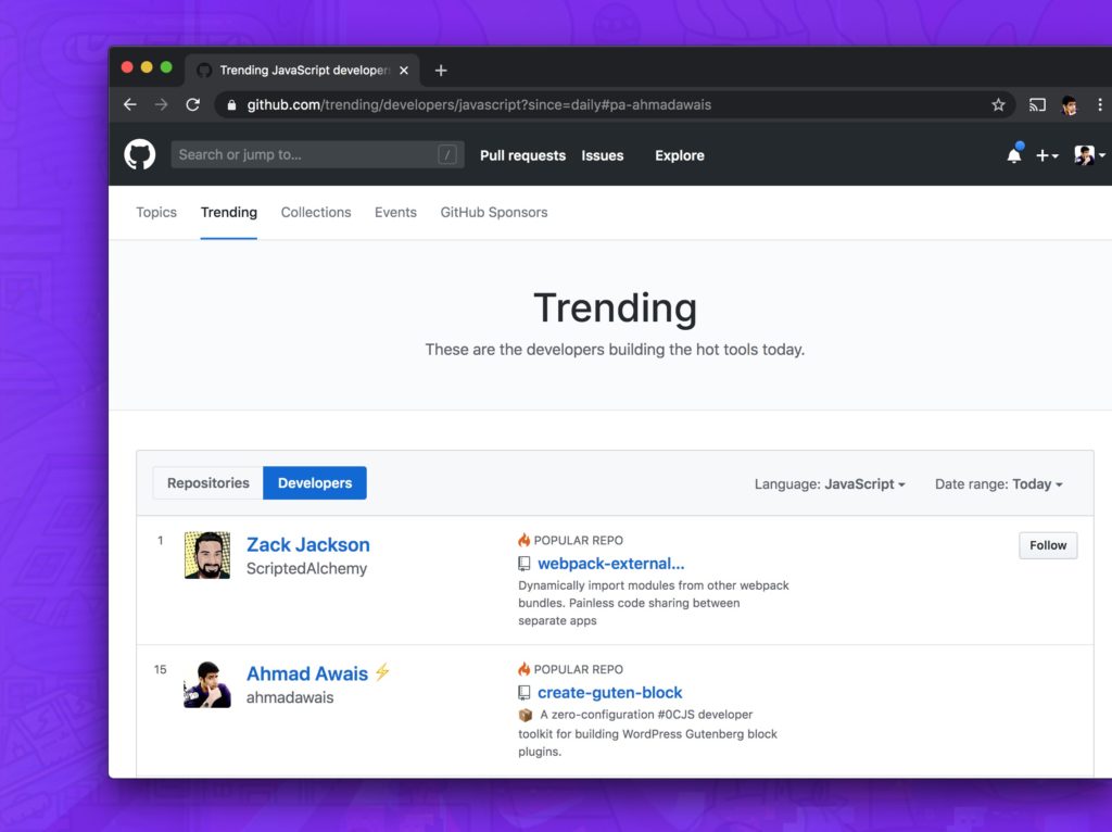 Listed on GitHub Trending Developers for JavaScript